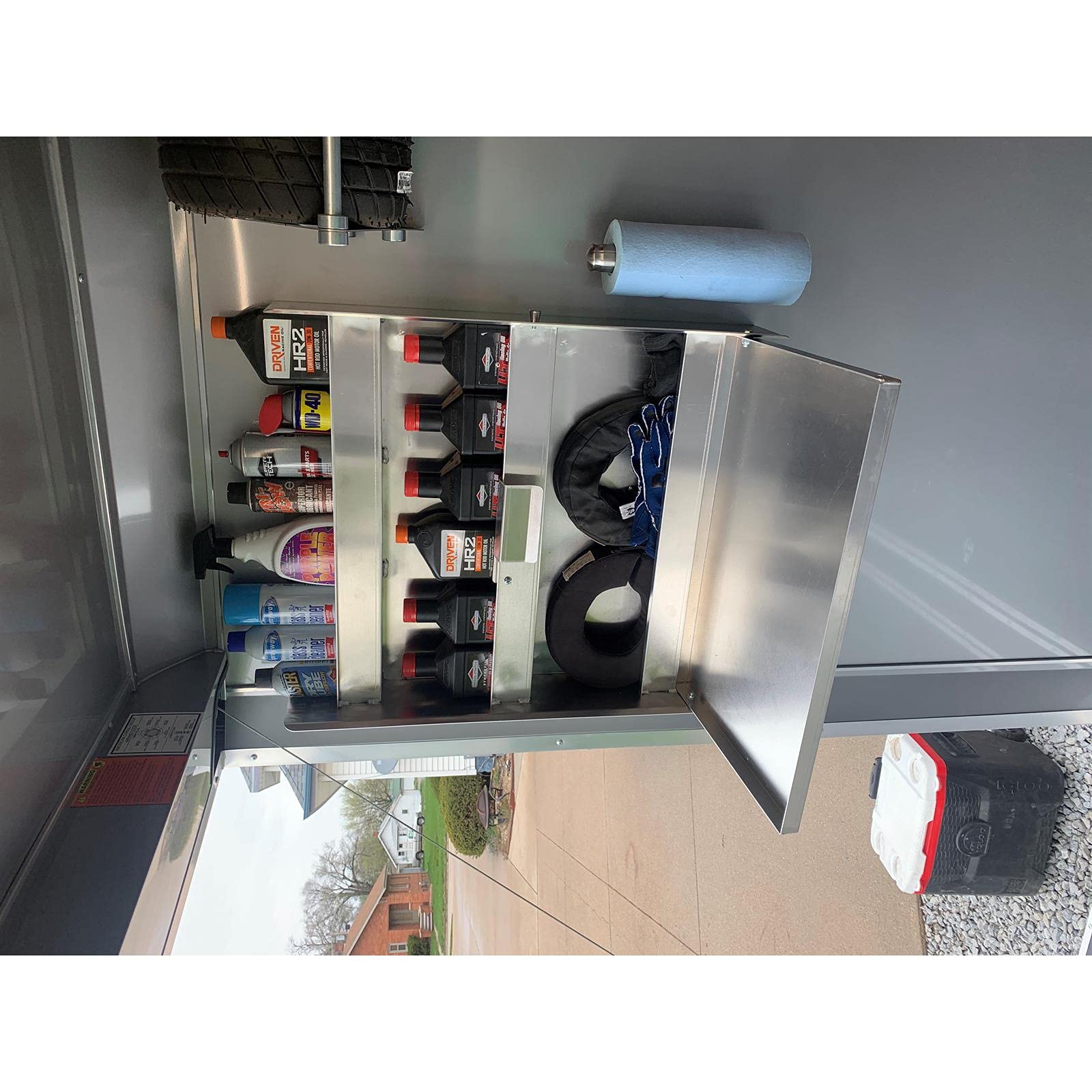 Speedway Motors Standard Aluminum Trailer Storage Cabinet, Features Fold-Down Work Table, Two Paper Towel Holders and Storage, For Enclosed Race Trailer or Garage Storage