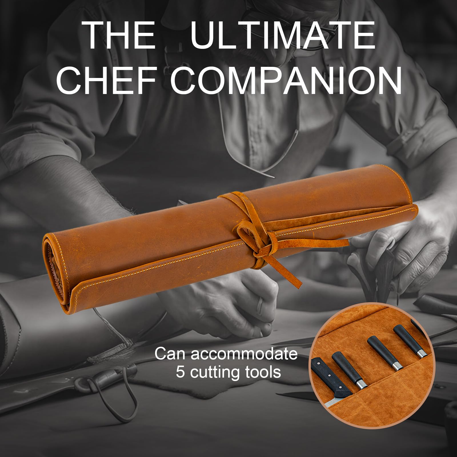 Genuine Leather Knife Roll, Knife Bags for Chefs Professional, Small Chef'S Knife Case Holder,Knives Holders Protectors with 5 Slots,Portable Chef Knife Bag Chef Knife Roll Case Storage Pouch