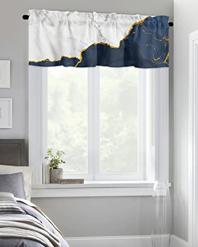 Window Curtain Valances for Kitchen Windows,Natural Marble Abstract Texture Rod Pocket Short Window Valance White Navy Blue Stone with Gold Line Cafe Treatment Valance for Living Room/Bedroom,54x18in