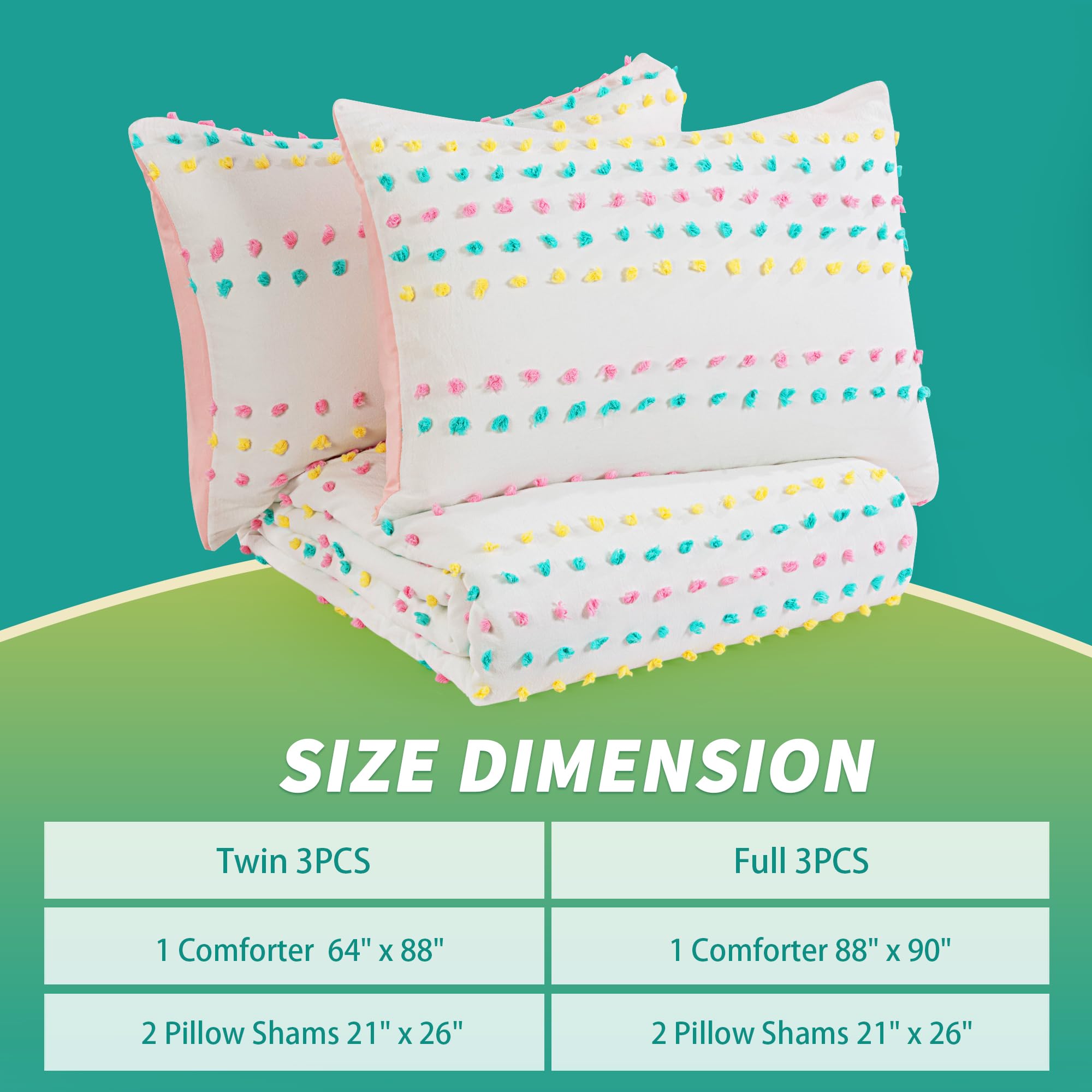 HOMBYS Tufted Pom Poms Bedding Comforter Set for Girls, 3 Piece White Boho Jacquard Kids Comforter Set for All Season,Twin/Twin XL Size