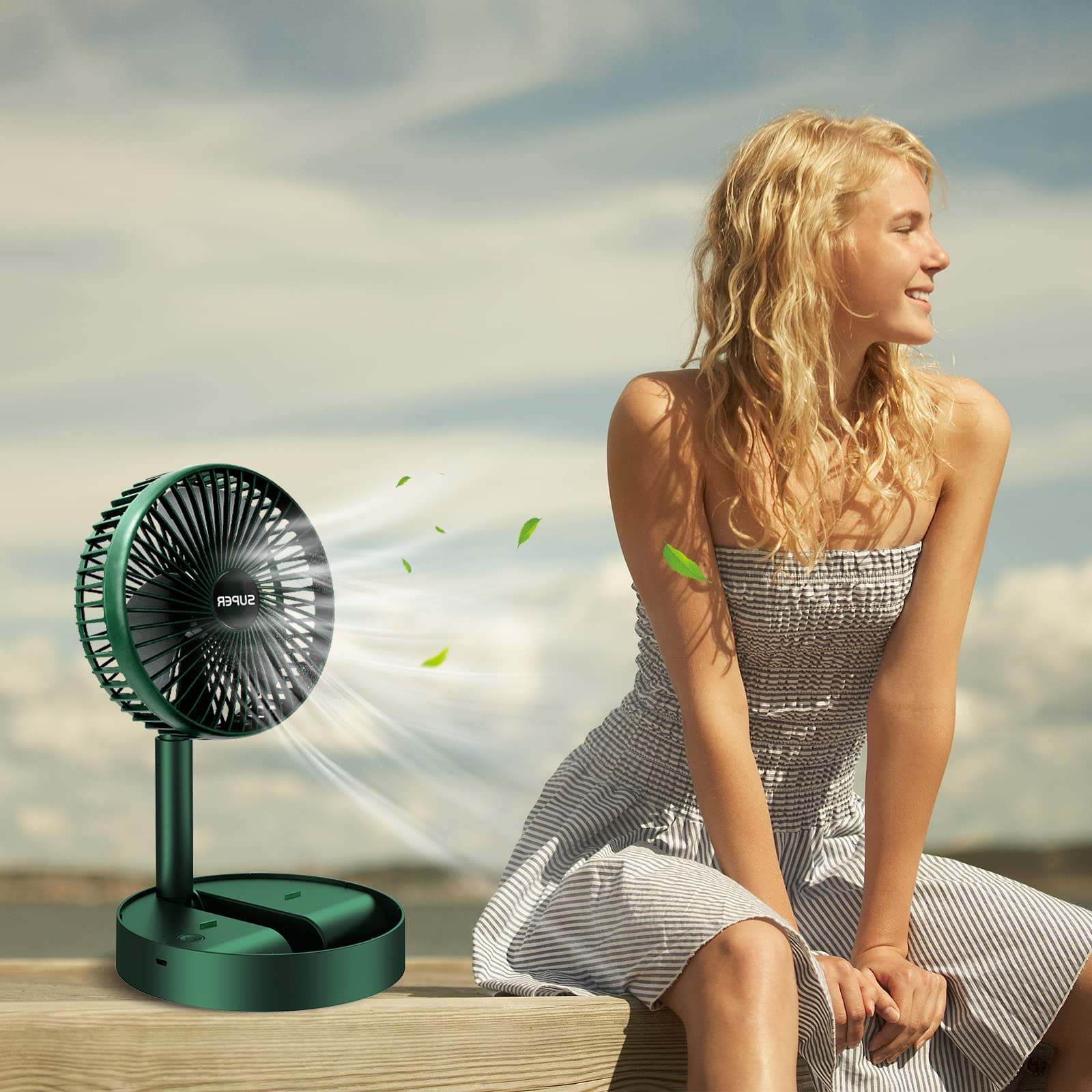 MAESHOP Portable Table Fan 6.5 Inch 3 Speeds Wind Quiet 2000mAh Rechargeable Battery Powered USB Desktop Folding Fan For Home Desk Outdoor Bedroom Office Trave (Green)