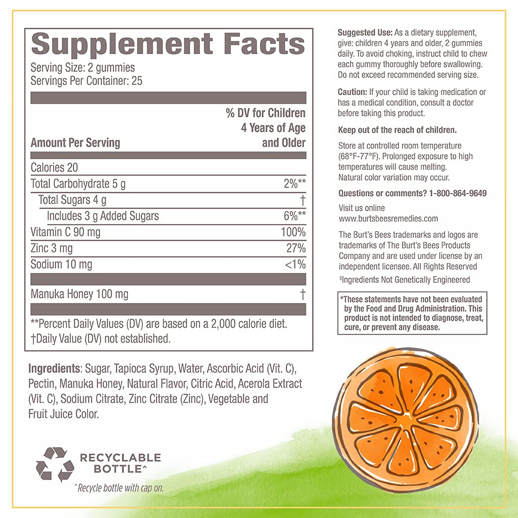 Burt's Bees Kids Immune Support Gummies: Vitamin C and Zinc, Natural Manuka Honey, Orange Flavor, 30 Count