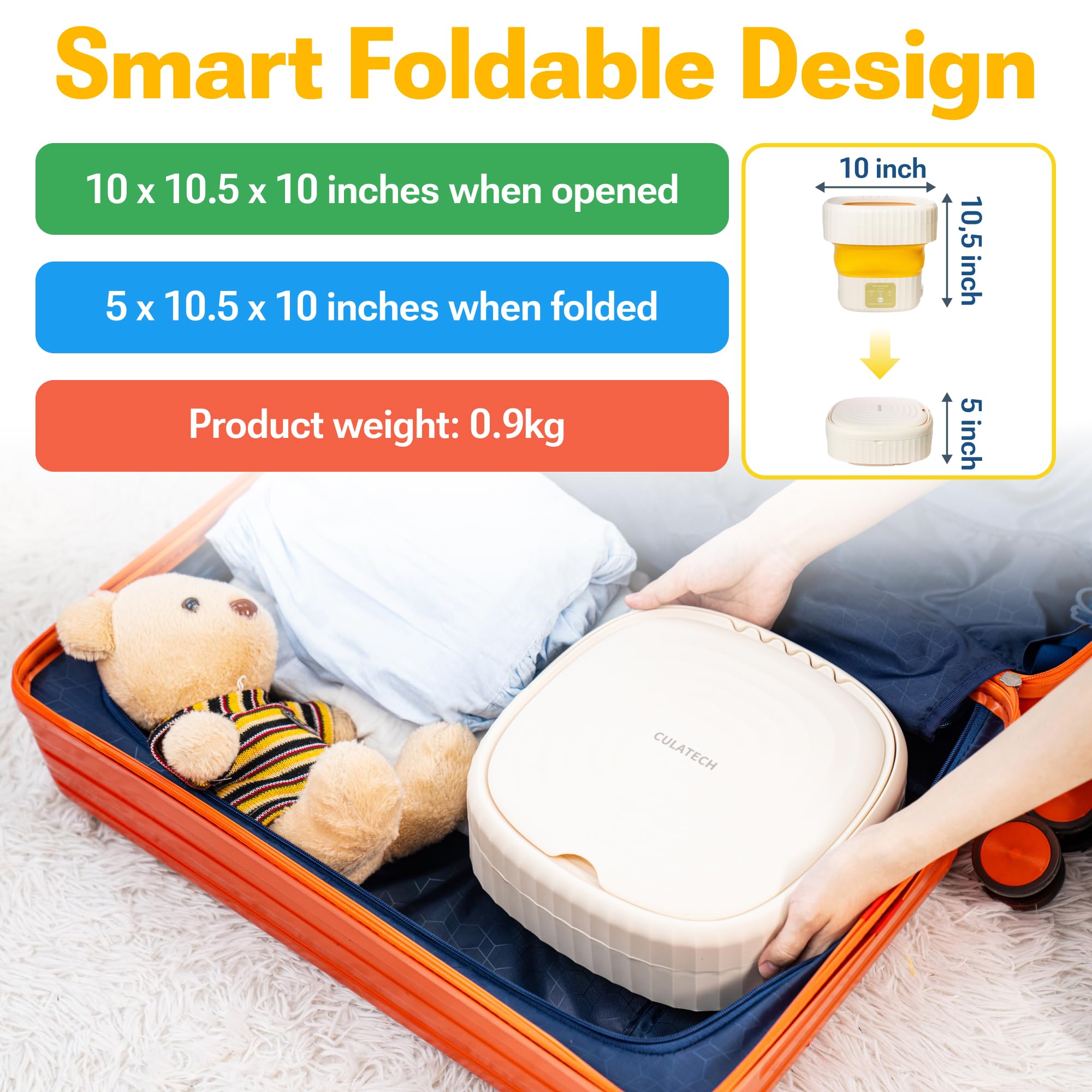 CULATECH Portable Clothes Washing Machines, Foldable Small Washer, Mini Washer with 3 Modes Deep Cleaning for Baby Clothes, Underwear or Small Items, Apartment, Dorm, Camping, RV Travel Laundry
