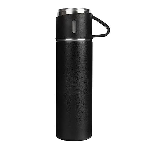 Insulated Water Bottle with Cup Travel Coffee Mug with Handle Stainless Steel Tumblers Thermos for Hot and Cold Drinks Water Flask 17 oz/500ml Black