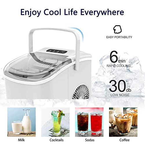 Ice Maker Machine Countertop, 26 lbs in 24 Hours, 9 Cubes Ready in 6 Mins, Self-Cleaning, Portable Ice Maker with Ice Scoop and Basket,White