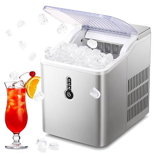 Ice Makers Countertop,Protable Ice Maker Machine with Ice Scoop and Ice Basket,26lbs/24H,9 Bullet Cubes Ready in 8 Mins,for Home/Kitchen/Camping/RV.(Silver)
