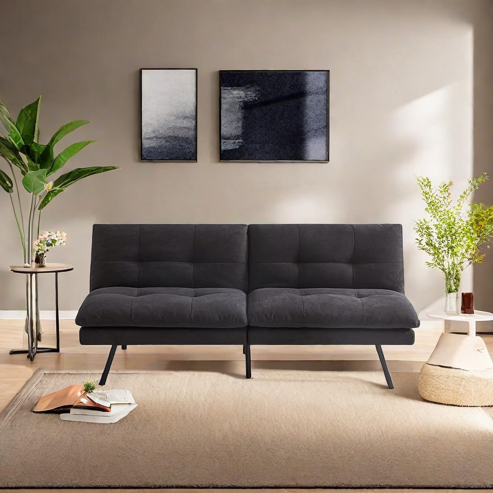 GlasFlength Futon Sofa Bed Loveseat Sleeper Sofa, Convertible Sofa Bed Small Couch with Memory Foam Split Seat Design, Linen Fabric Futon Couch for Living Room, Apartment, Bedroom (Black)