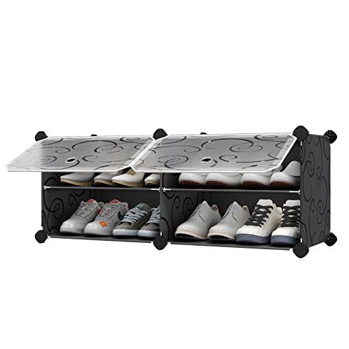 MAGINELS 8 Pair Portable Shoe Rack Small DIY Shoe Storage Shelves Closet Shoe Organizer Underbed Storage Organizer, Stackable, Black