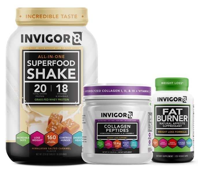 INVIGOR8 Superfood Shake (Salted Caramel) Whey Protein Shake + Collagen Peptides + Fatburner Bundle