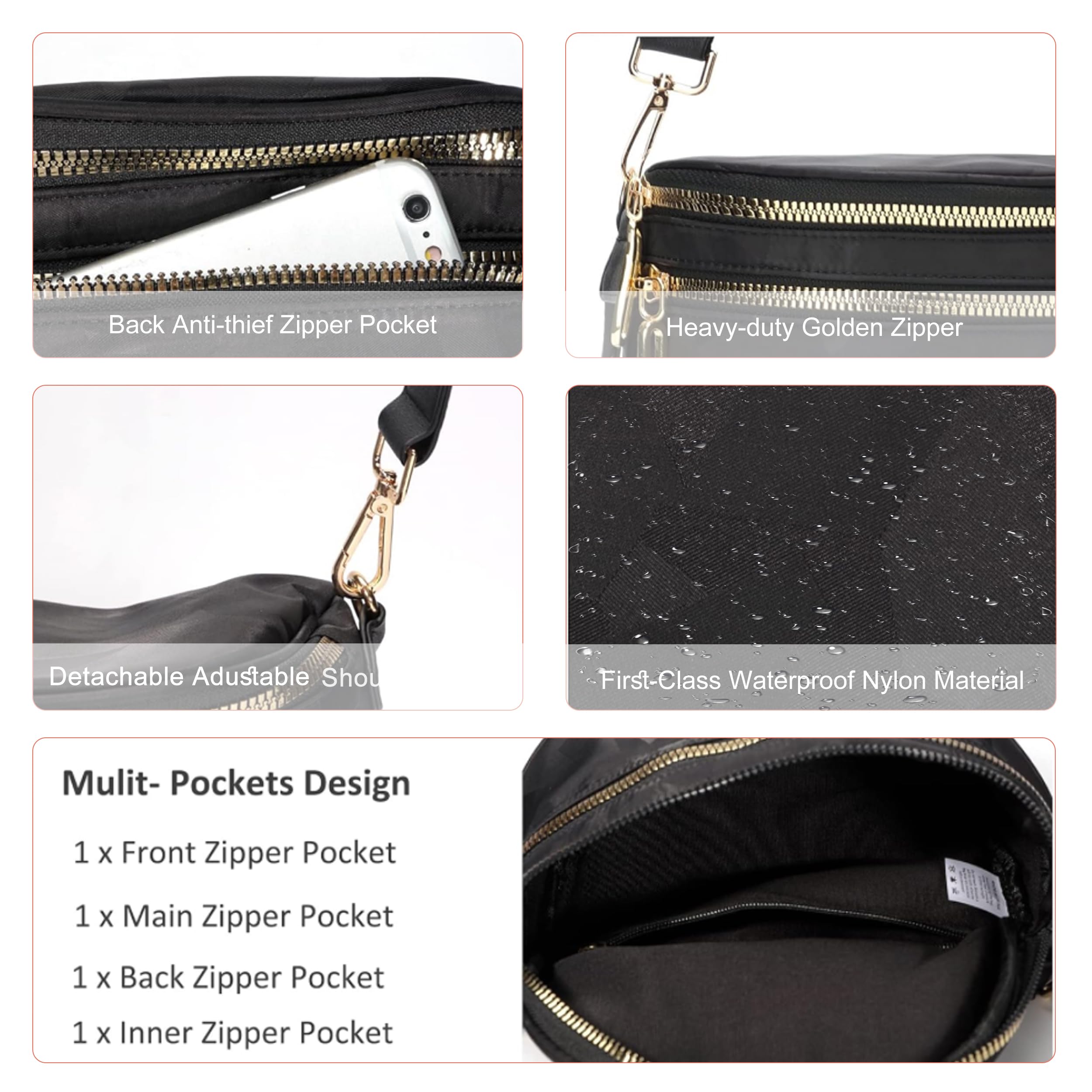 Crossbody Bags for Women Nylon Cross Body Travel Shoulder Handbags Lady Chest Purses Light Sling Backpack - Black