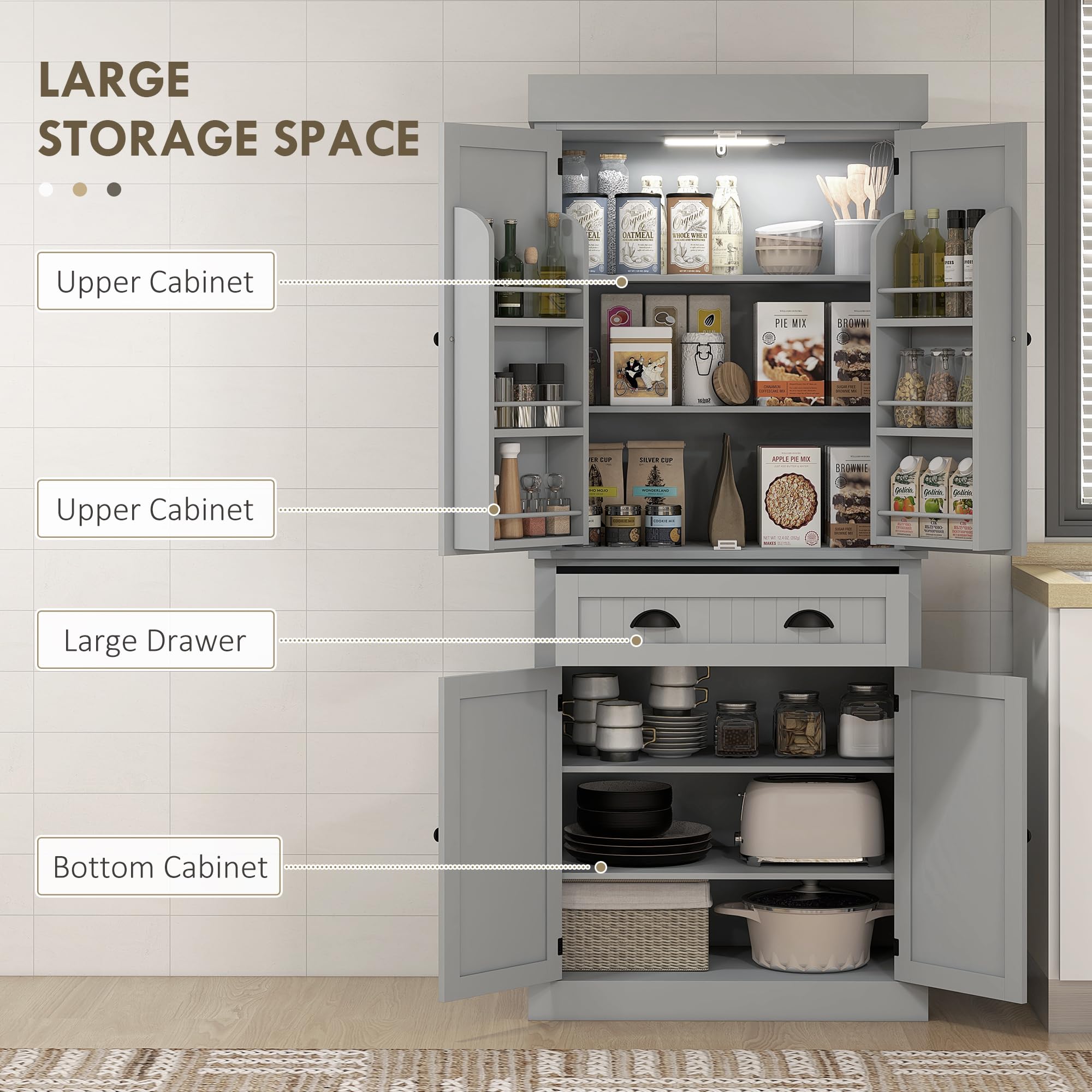 HOMCOM 71" Kitchen Pantry Cabinet with Motion Sensor Light, Tall Storage Cabinet with 6 Door Shelves, a Drawer & 4 Adjustable Shelves, for Living Room, Dining Room, Gray