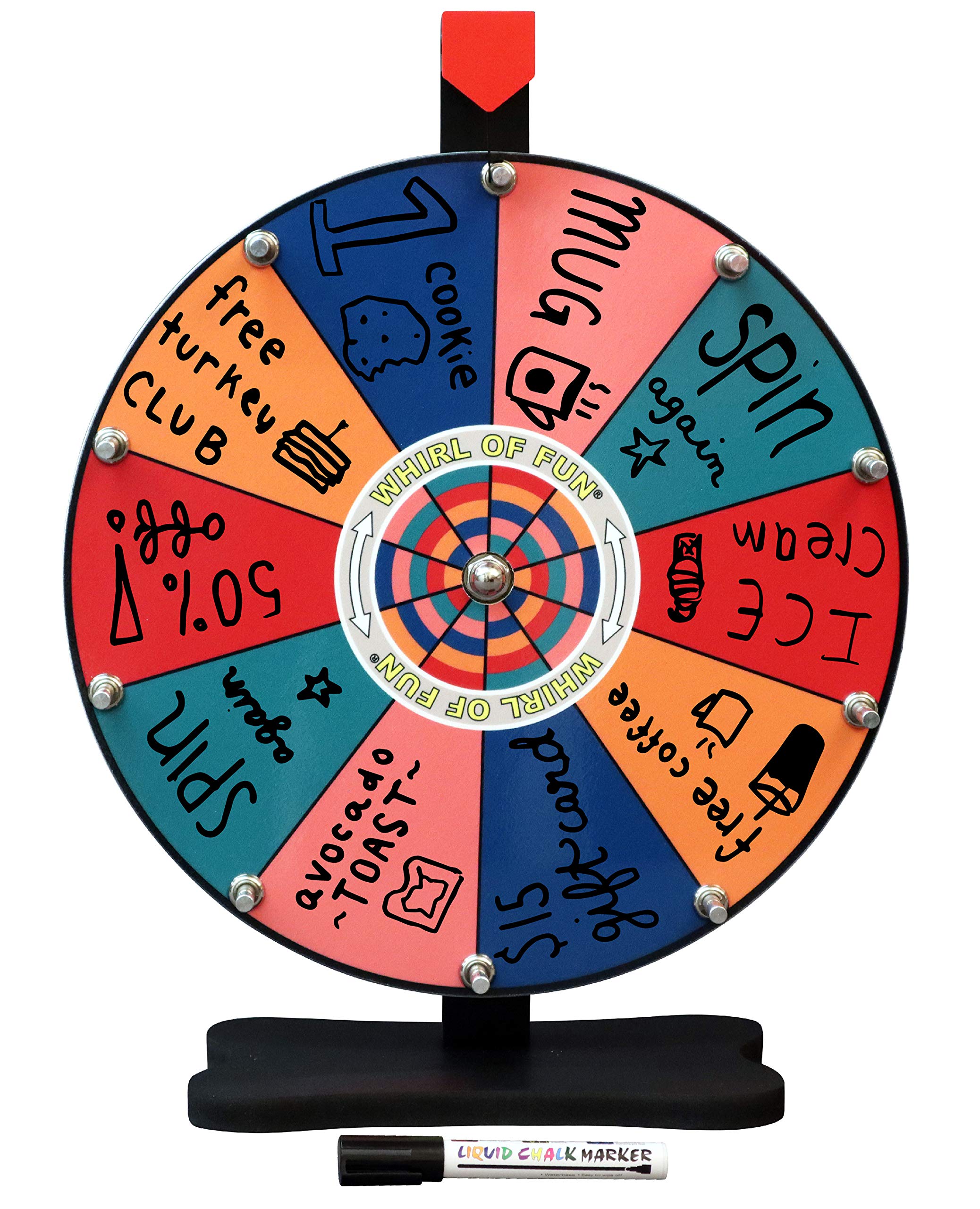Whirl of Fun 12 inch Prize Wheel Spinner with Stand - Spinning Wheel for Prizes, 10 Color Slots, Customize Erasable Dry Erase Surface, Tropical Colors, Portable, Tools Included, Made in USA