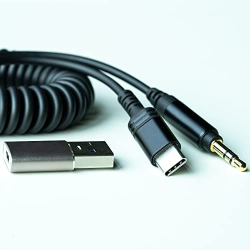jstma USB Type C to 3.5mm Audio Aux Cord 24bit DAC 4.7FT Male to Male Coil Retractable Cable for Android Phones/Car Stereo/Speaker