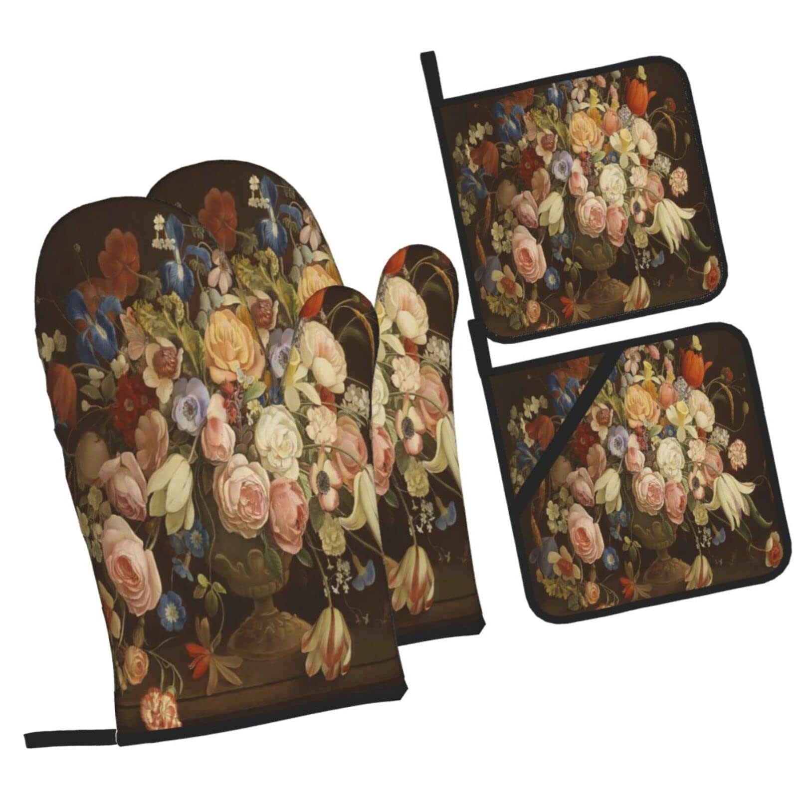 Elegant Vintage Floral Rose Victorian Heat Resistant Non-Slip Oven Mitts and Pot Holders for Kitchen Cooking Baking Grilling BBQ 4 Piece
