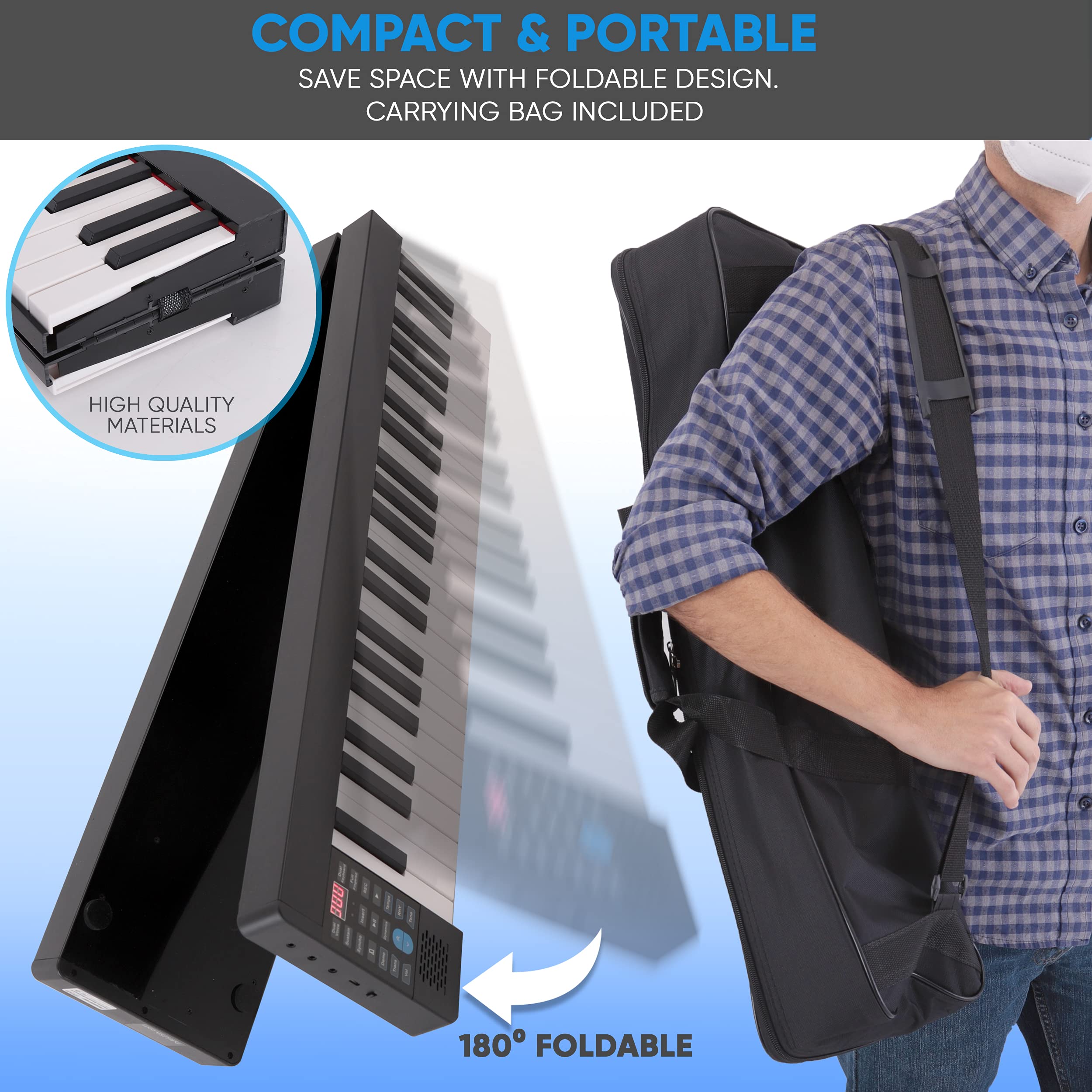 Electric Keyboard Piano 88 Keys - Portable Foldable Digital Piano Keyboard With Bluetooth & Heavy Duty Folding Keyboard Stand - Sturdy Reinforced Z Design w/Adjustable Width & Height