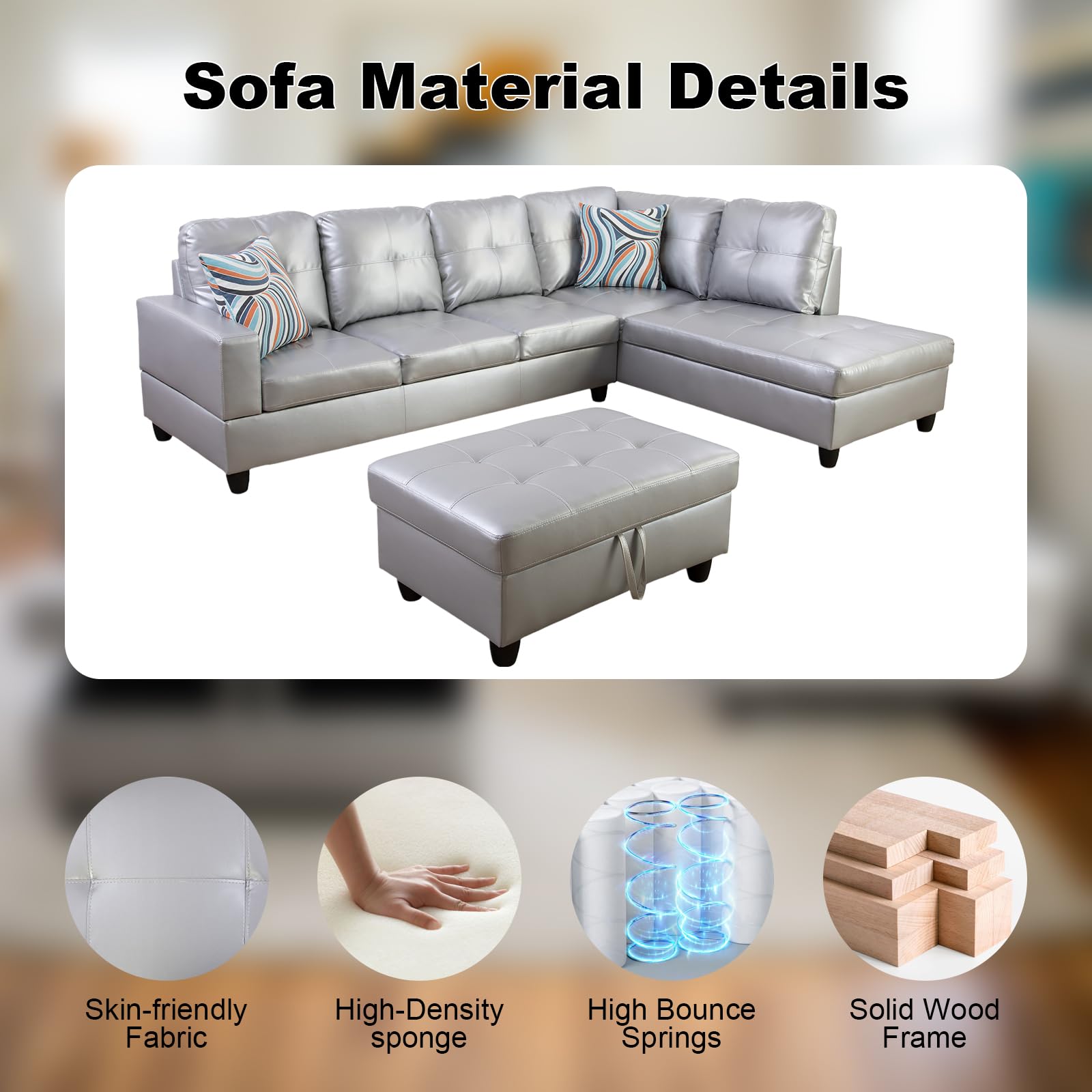 Etelifrank Modern Sectional Couch Set,Faux Leather Sofa with Chaise 3 Seating Sofa and Storage Ottoman,L Shape Sectional Sofa for Living Room Furniture Sets,(Facing Right Chaise)