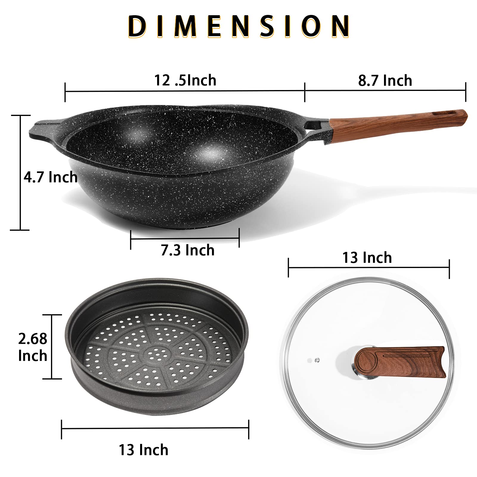 ESLITE LIFE Nonstick Woks & Stir-fry Pans with Steamer, Deep Frying Pan with Lid Induction Compatible (6.5 Quart // 12.5 Inch & Steamer)