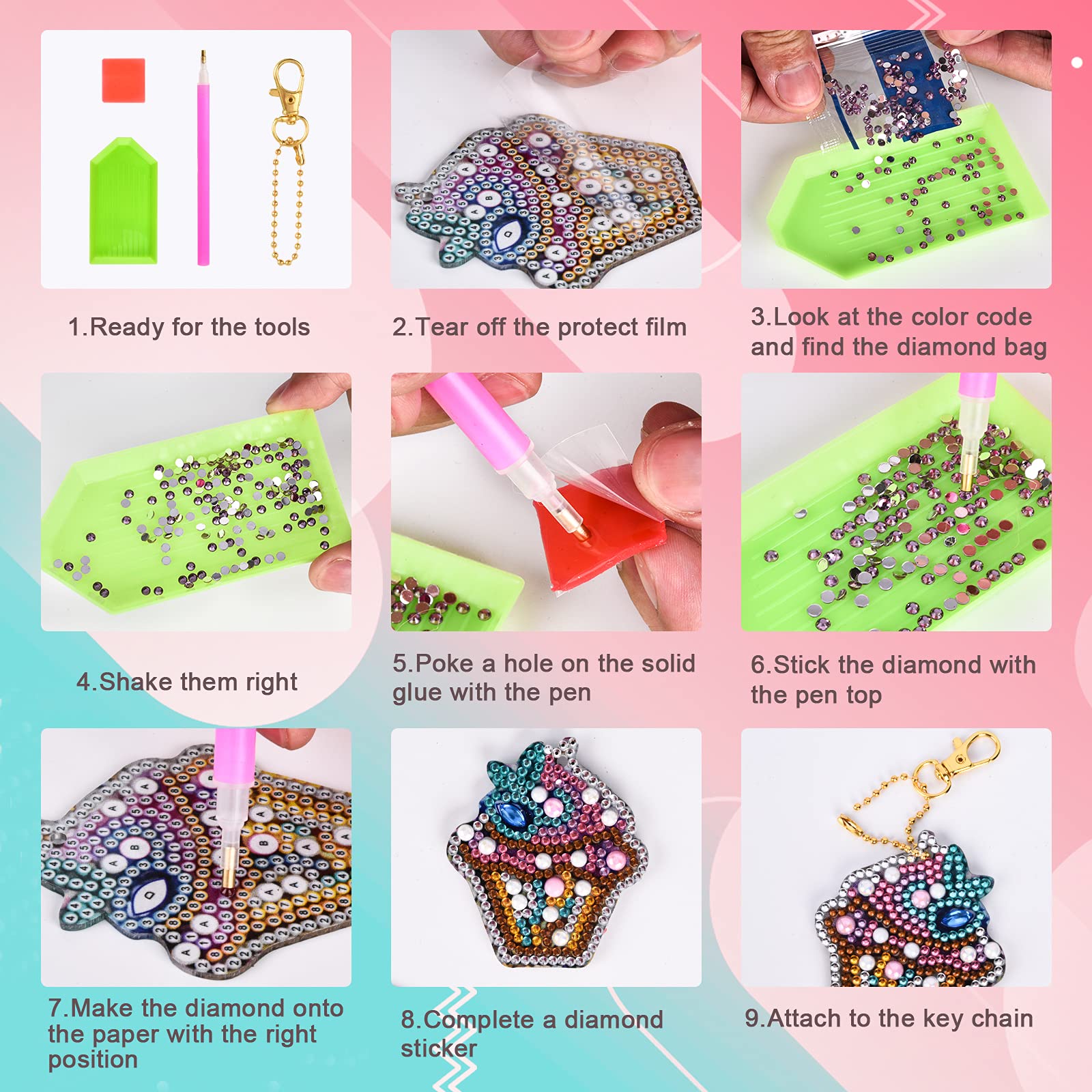YEHUONU Diamond Art Painting Kits for Kids, Sticky Mosaics Keychains Creativity,Crafts for Beginners Girls