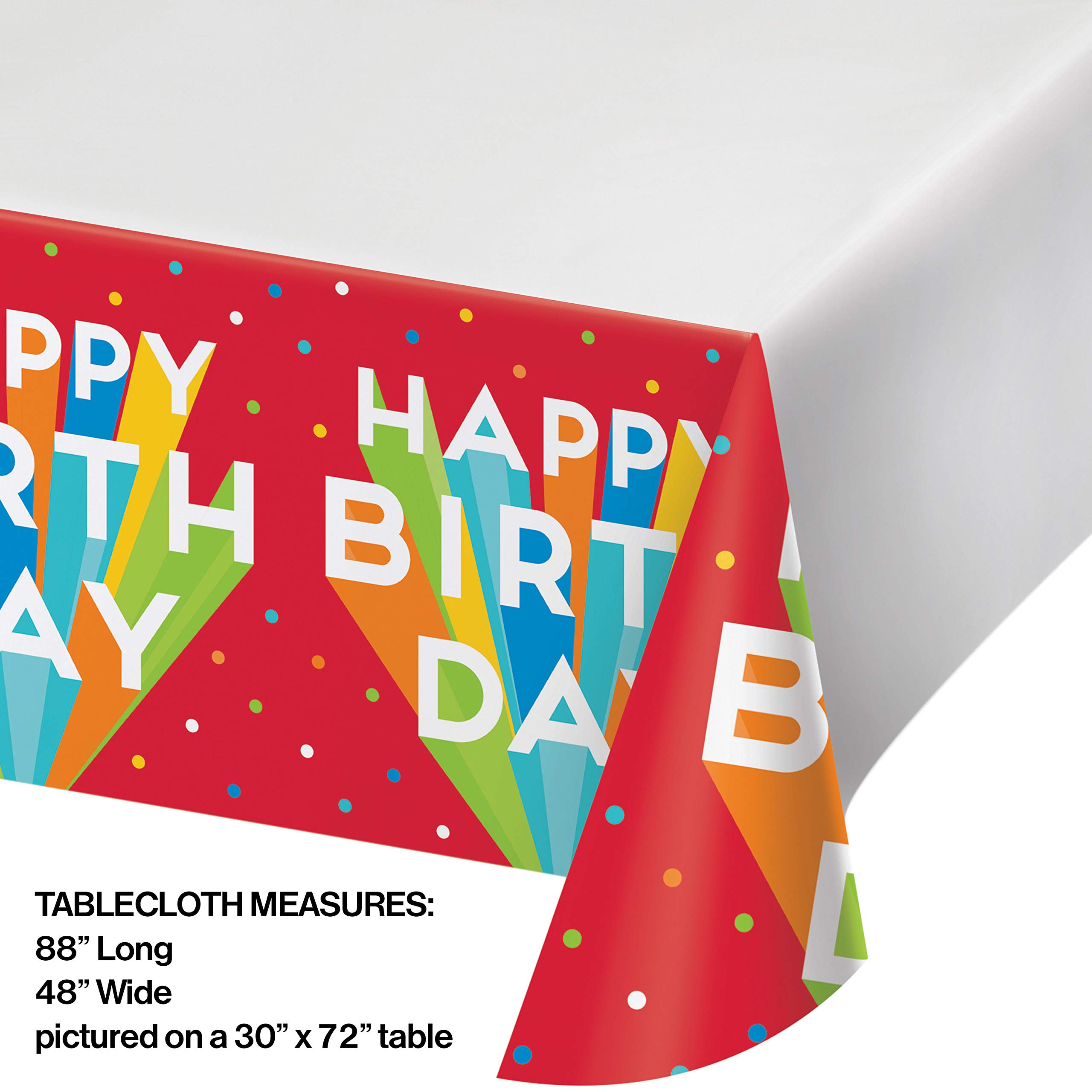 Creative Converting 352015 Happy Birthday Bash Plastic Tablecloth, 1 ct Green, Blue, Yellow, Orange, and Red, 48" x 88"