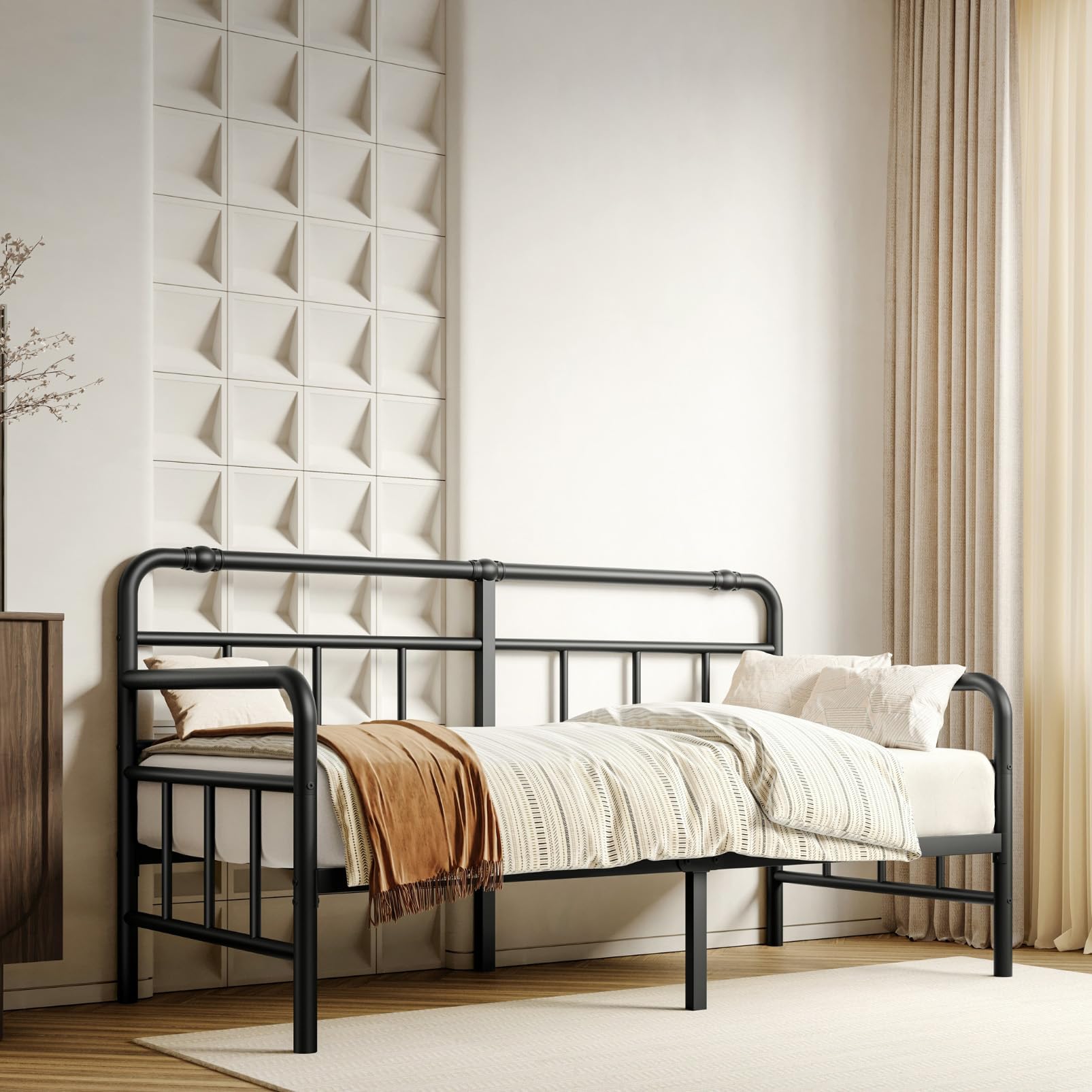 FDLOGW Twin Daybed Frame, Classic Day Bed Frame Twin Size with Headboard, Metal Platform Sofa Bed for Bedroom Living Room, Heavy Duty, Easy Assembly
