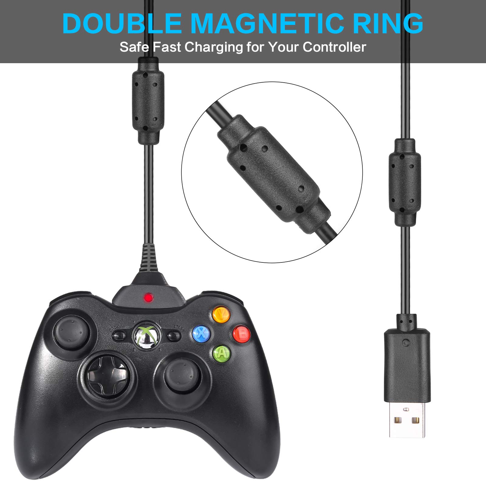 Charger for Xbox 360 Controller, 2 Pack USB Charging Cable Compatible with Microsoft Xbox 360 Slim Wireless Game Controllers, 6 Feet