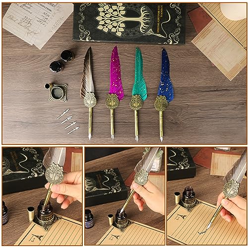 TIANREN Feather Pen and Ink Set,quill pen ink set,Antique Calligraphy Pen with 4 Replaceable Nibs,2 Bottle of ink,Pen Holder Christmas Gift for Men&Women.(Gray)