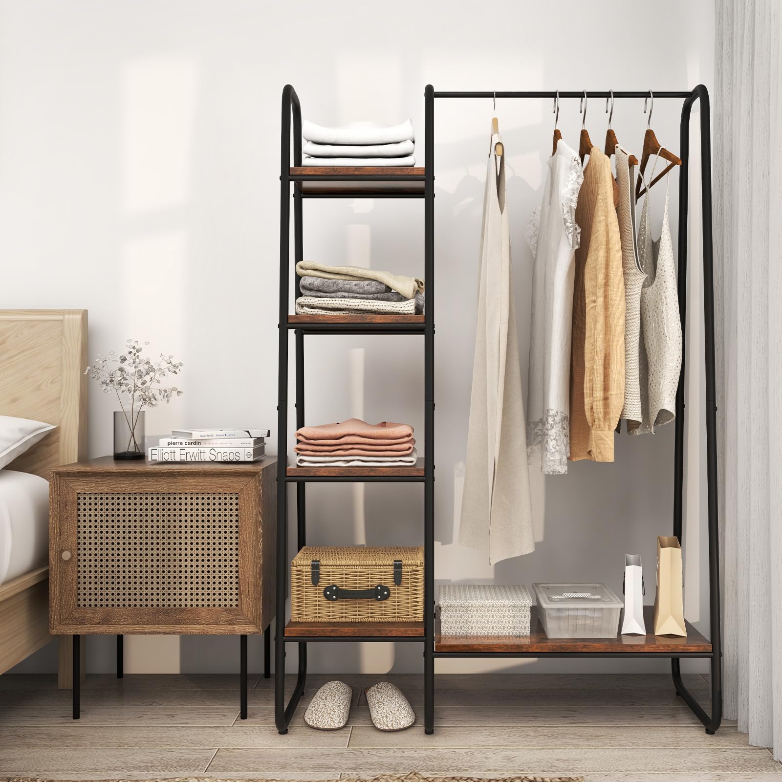 Tangkula Garment Rack with Shelves, Clothes Rack with 5 Shelves & Hanging Bar, Open Wardrobe for Hanging Clothes and Storage, Free Standing Closet Organizer, Clothing Rack for Bedroom Entryway