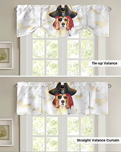 Tie Up Curtain Valance for Kitchen,Abstract Geometric Pirate Dog White Gold Marble Window Valances Adjustable Tie-up Shade Valance,Cartoon Animal Rod Pocket Short Curtains for Bathroom 54x18in