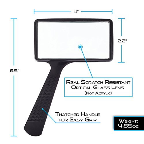 Jumbo Rectangular Handheld Magnifying Glass (3X Magnification) β Scratch Resistant Glass Lens - Large Horizontal Viewing Area