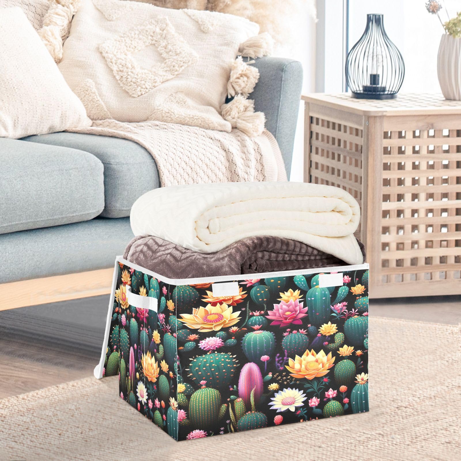 FUGIDOG Storage Boxes with Lids and Handles Watercolour Cactus Foldable Fabric Storage Bins Closet Organizer Large Toy Clothes Containers for Home, Bedroom, Shelves, Office