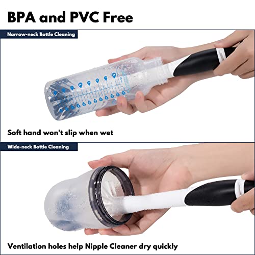 Jumperlay Baby Bottle Brush with 1 Pack Nipple Brush and 2 Pack Straw Cleaner Brushes, Baby Bottle Cleaning Brush Set with Suction Cup Stand and A Hidden Mini Brush, Black