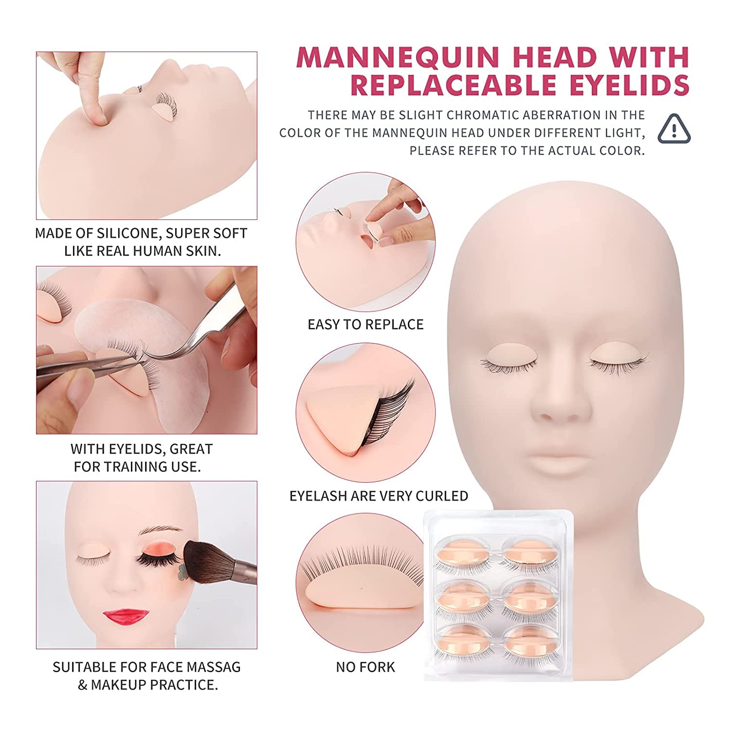 MIILAMOD Eyelash Extension Kit,Training Lash Extension Supplies for Beginners,Lash Mannequin Head With Replaced Eyelids Silicone Training Exercise Set,Eyelash Extension Practice Kit