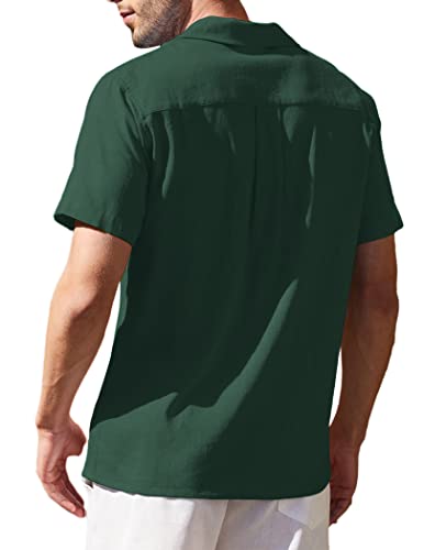 COOFANDY Men's Cuban Guayabera Shirt Linen Short Sleeve Button Down Summer Shirt A - Dark Green