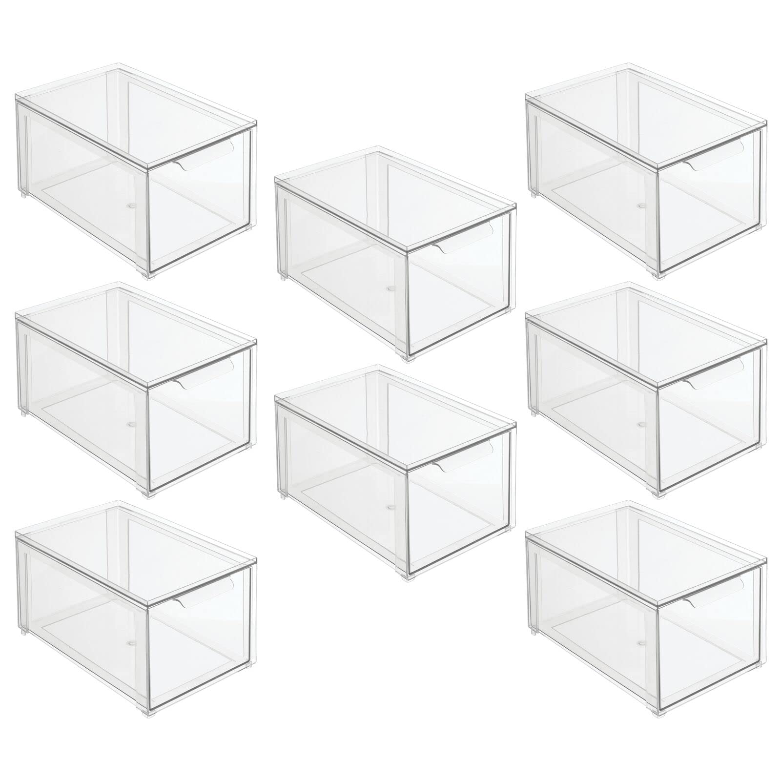 mDesign Plastic Stackable Closet Storage Organizer Bins with Pull Out Drawer for Cabinet, Desk, Shelf, Cupboard, or Dresser Organization - Lumiere Collection - 8 Pack - Clear