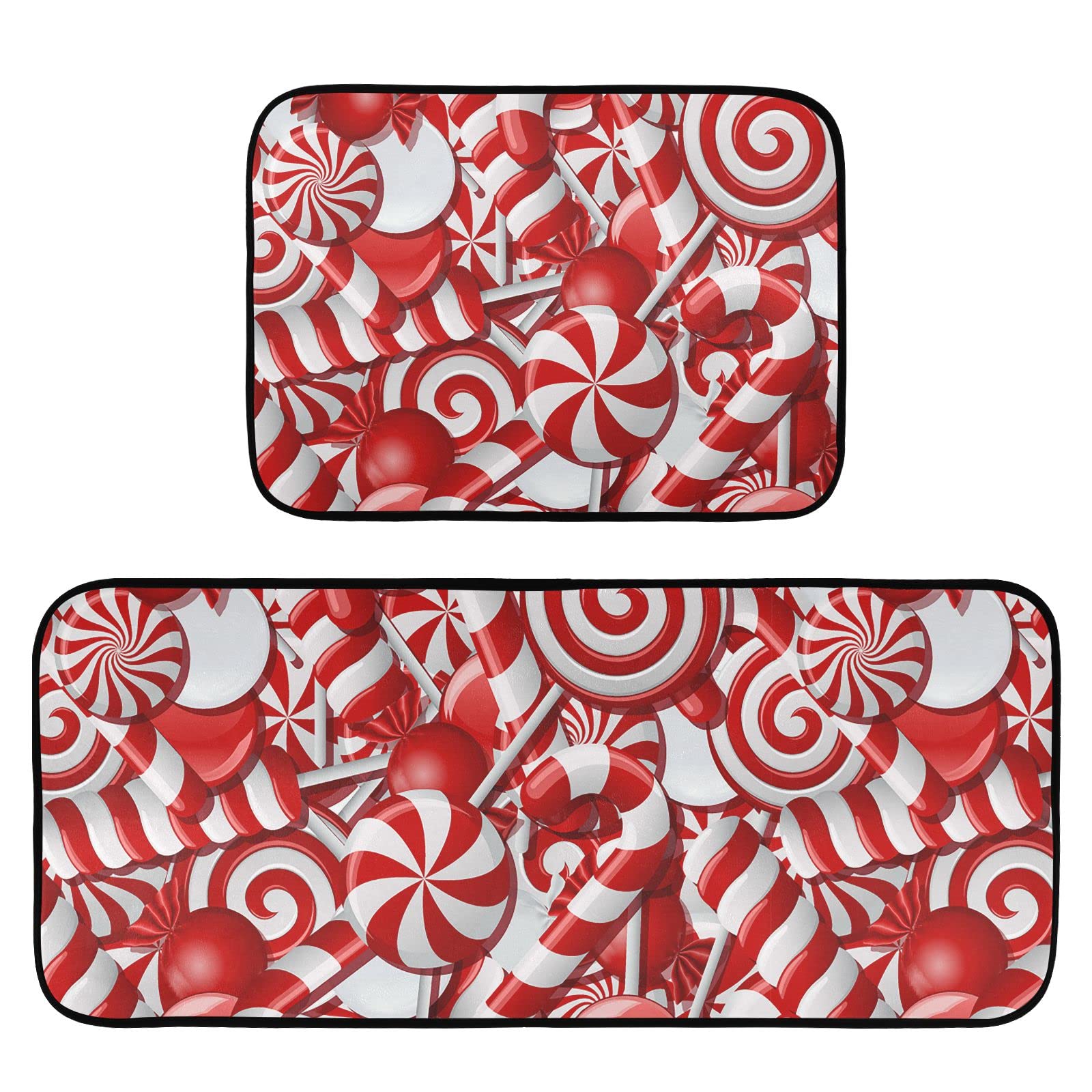 CUPADA Christmas Sweets Kitchen Rugs and Mats 2 Pcs, Candy Canes Non-Slip Floor Runner Mat for Living Room Bedroom Dorm Hallyway Home Decor 19.7"x27.6"+19.7"x47.2"