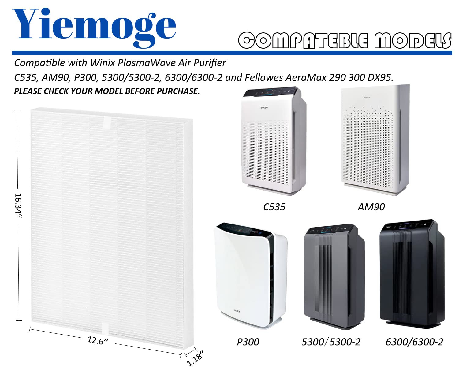 Yiemoge 115115 Replacement filter A: Compatible with winix Plasmawave C535 5300 5300-2 6300 6300-2 AM90 P300 Air Purifier - 3 TURE HPEA filter only