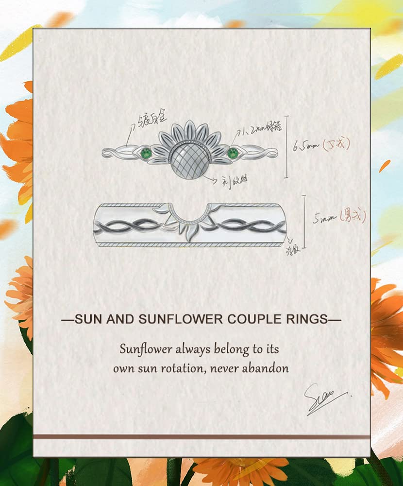 Carol&Allen 925 Sterling Silver Couple Rings Sunflower and Sun Adjustable Loose Band Rings