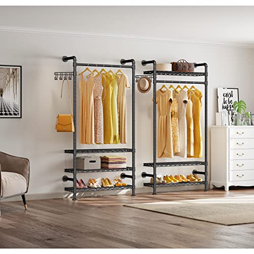 Timate F1 Pipe Clothes Rack Wall Mount Heavy Duty Closet Organizer System Hanging Closet Rack for Clothes, Closet Kit Walk in Closet Systems, Adjustable Storage Closet Shelves Wardrobe Closet, Black
