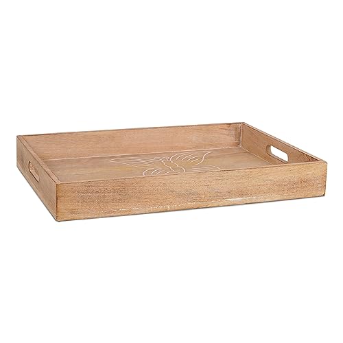 Wooden Whitewash Decorative Trays w/Handles - βButterfliesβ Farmhouse Tray for Coffee Table - Wood Serving Tray for Breakfast in Bed - Mango Wood Decorative Tray w/Felt Pads - 20β x 14β x 2.5β