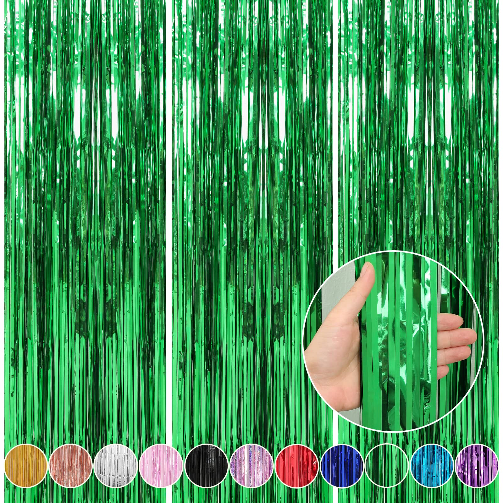 Crosize 3 Pack 3.3 x 9.9 ft Green Foil Fringe Backdrop Curtain, Streamer Backdrop Curtains, Streamers Birthday Party Decorations, Tinsel Curtain for Parties, Galentines Decor, Preppy, Photo Booth