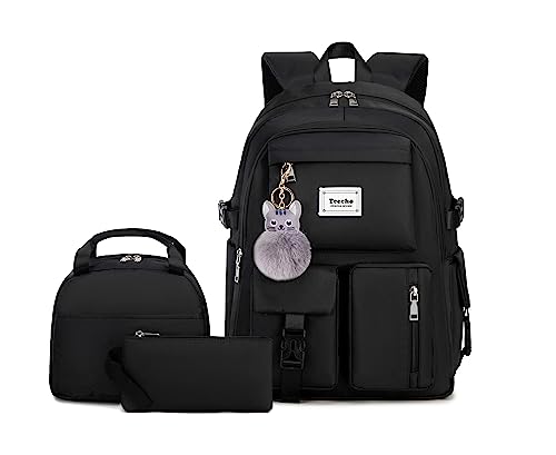 Teecho Waterproof School Backpack Set for Girl Fashion Women Backpack Purse College Bookbag Black