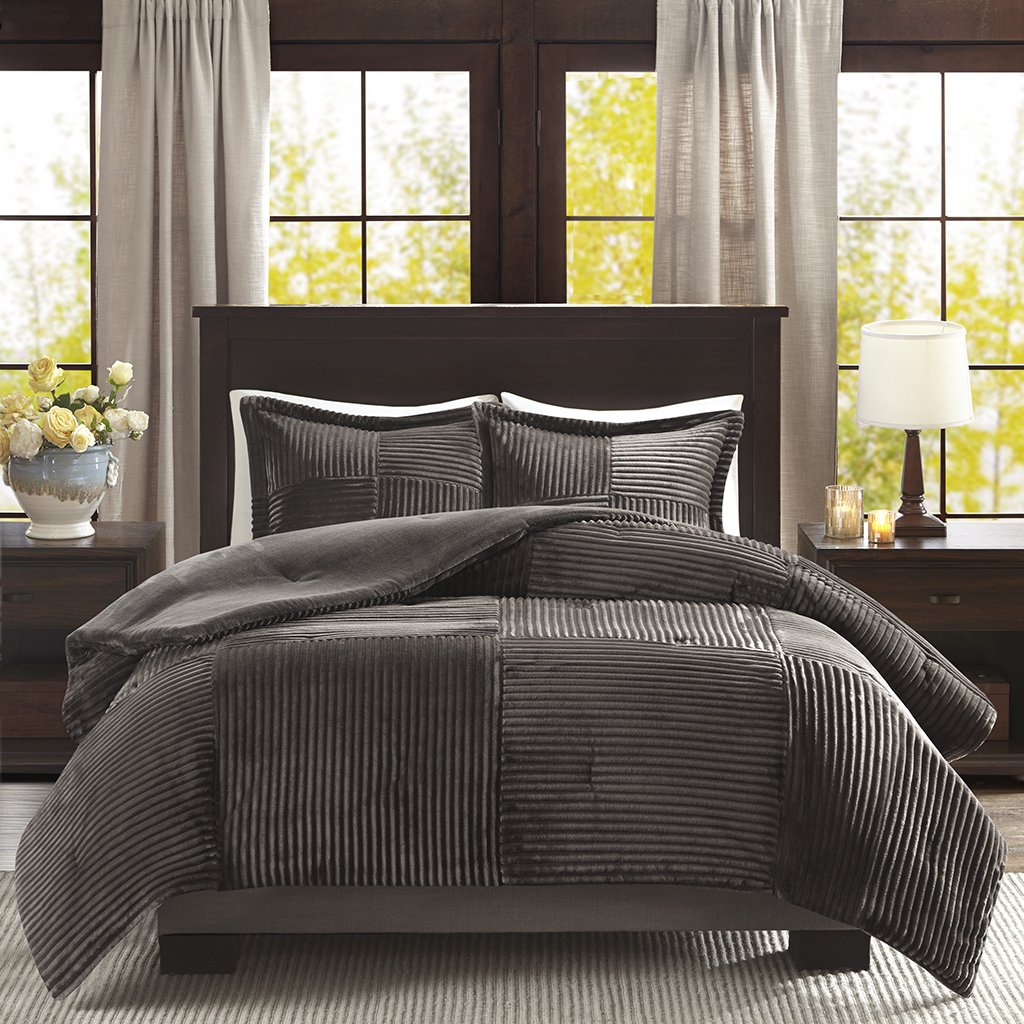 Premier Comfort Madison Park Parker Corduroy Ultra Soft Luxury Premium Plush Comforter Mini Bedding Set, King/Cal King, Grey