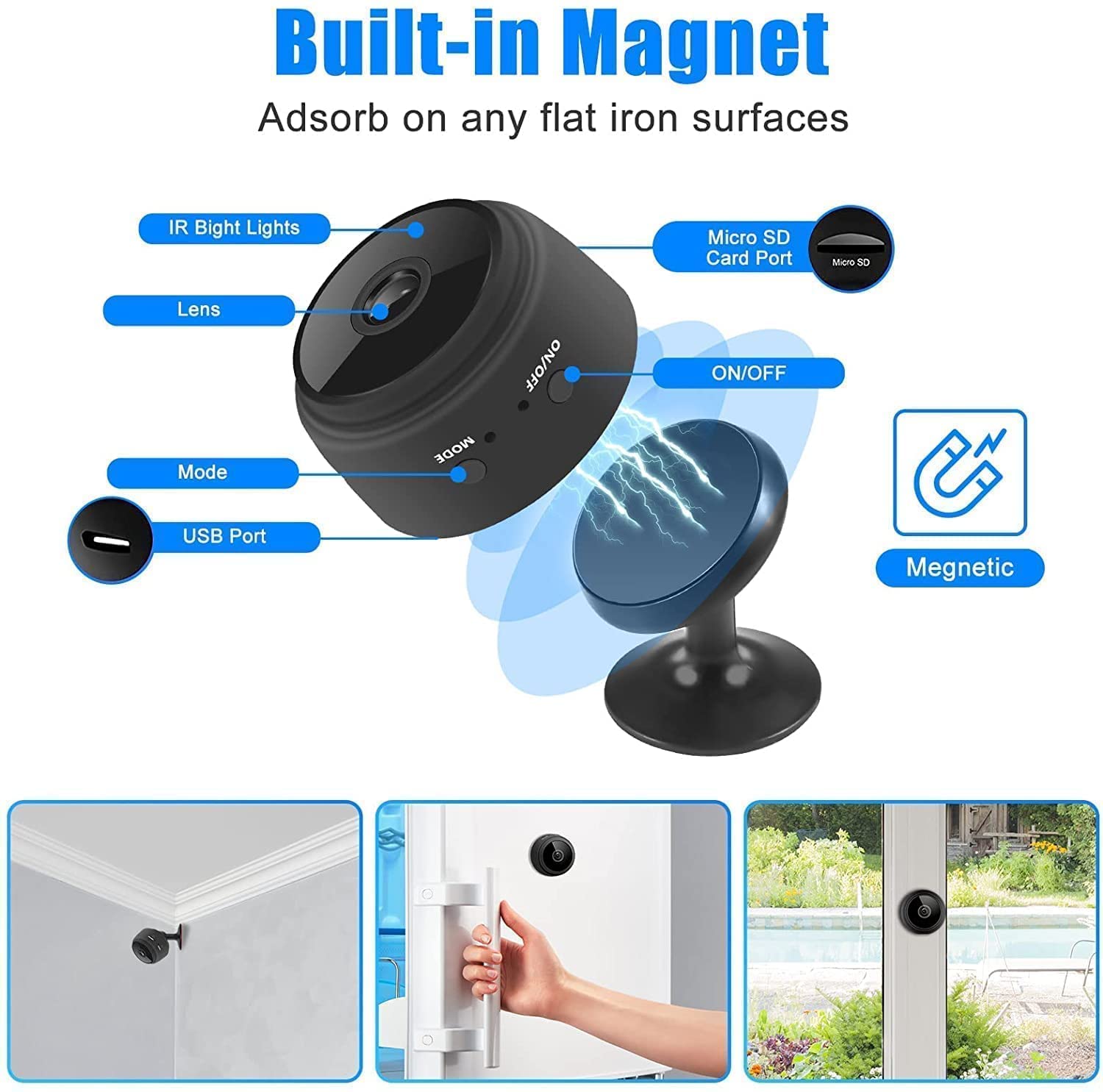 MDGLSYEE SHPTDJTIC Wireless Security Camera Mini Camera Outdoor/Indoor with Audio, Home Surveillance Camera, 1080P IP HD Build-in Battery 350mah,Infrared Night Vision, HDWIFI(3-Pack)