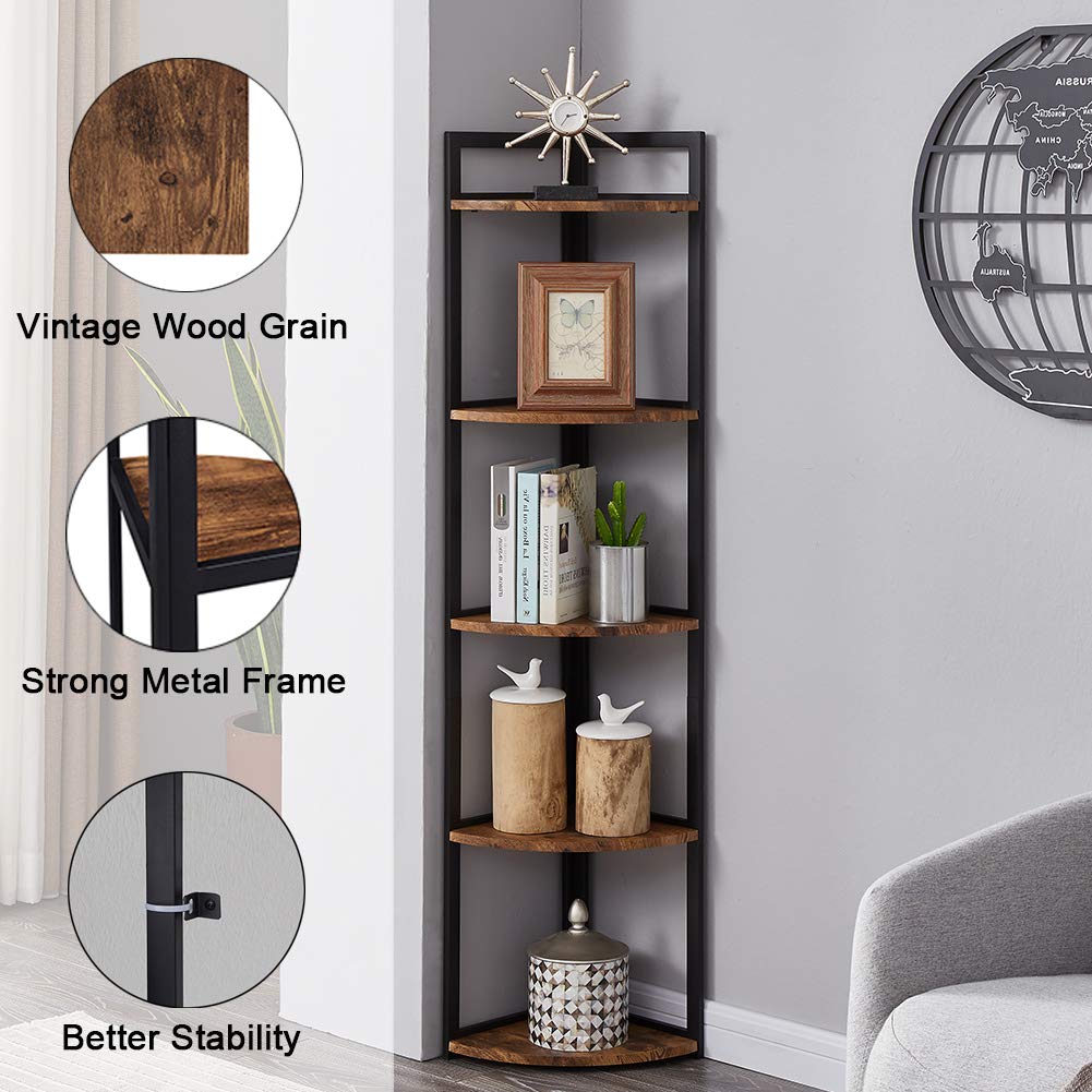 SUPERJARE Corner Shelf, Industrial 5-Tier Wall Corner Bookshelf with Metal Frame, Corner Shelf Stand Display Plant Flower, Corner Bookcase for Home, Office, Kitchen - Rustic Brown