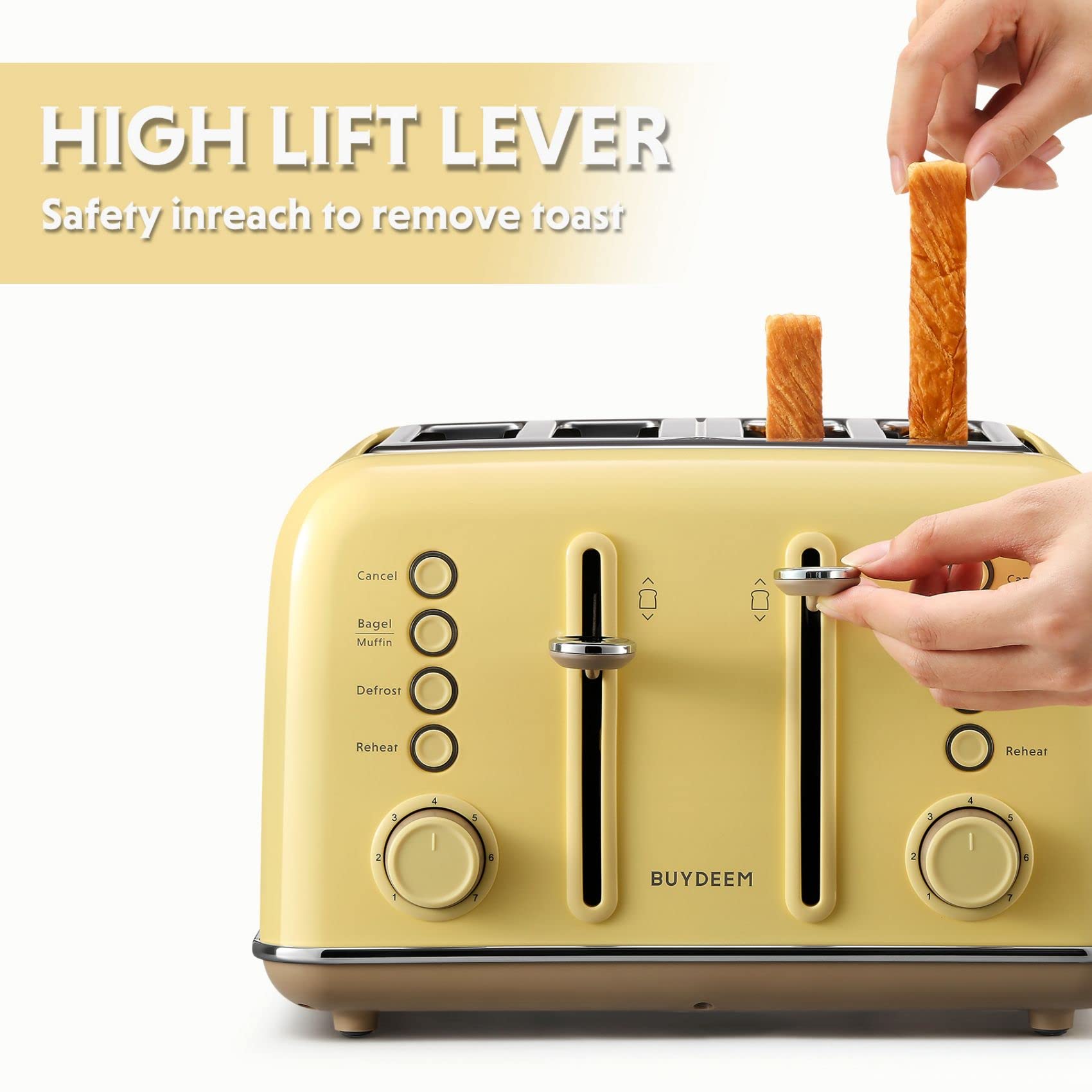 BUYDEEM DT640 4-Slice Toaster, Extra Wide Slots, Retro Stainless Steel with High Lift Lever, Bagel and Muffin Function, Removal Crumb Tray, 7-Shade Settings,Mellow Yellow