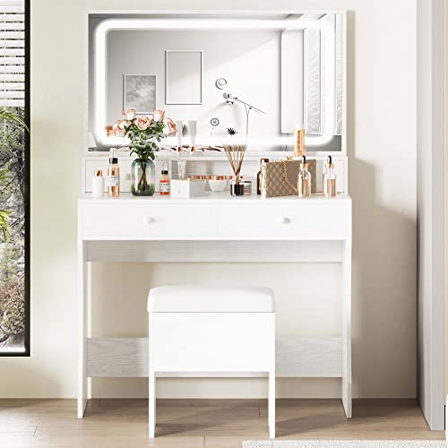 IRONCK Vanity Desk Set with LED Lighted Mirror & Power Outlet, Makeup Vanity Table with 4 Drawers,Storage Stool,for Bedroom, Bathroom, White