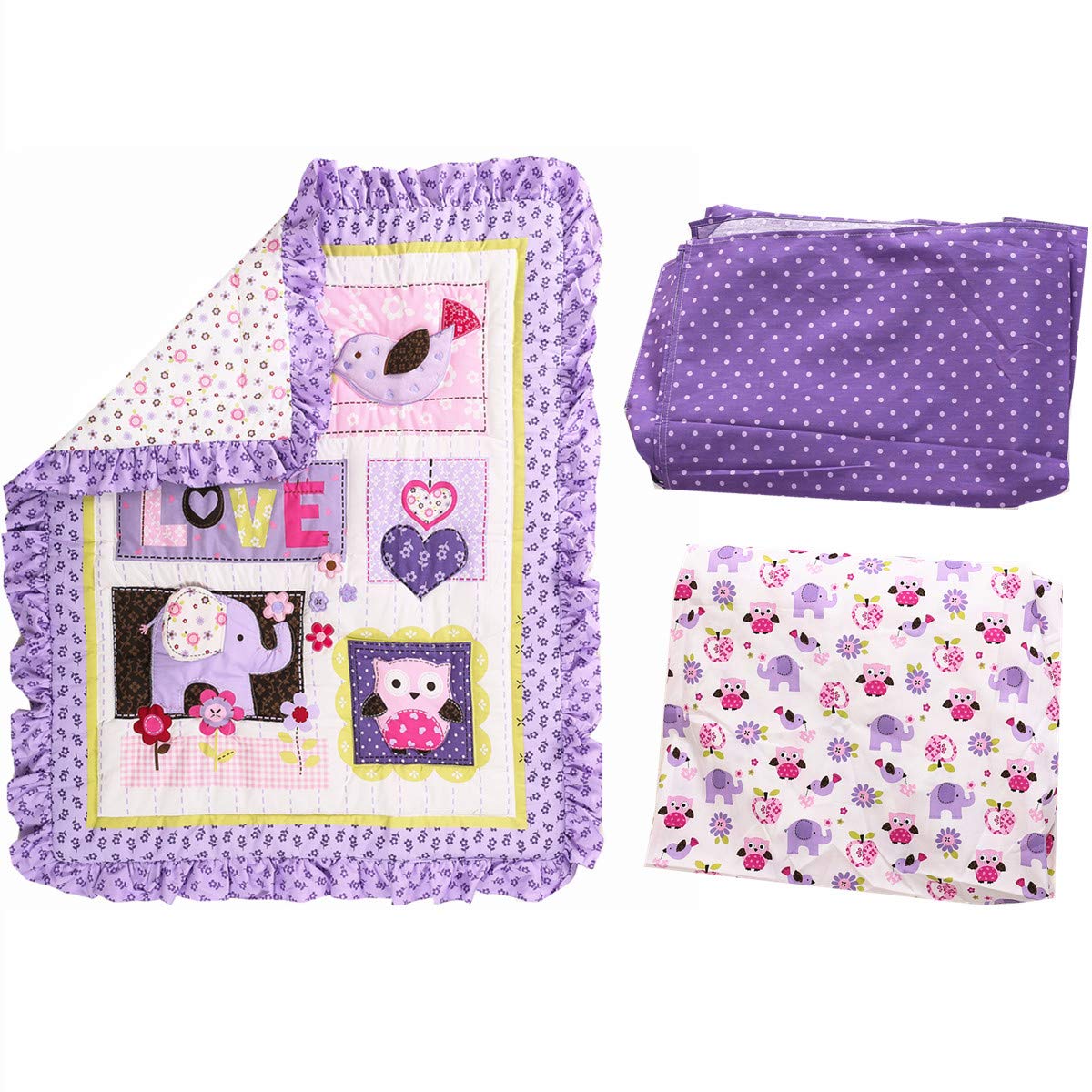 Crib Sets for Girls 3D Elephant Bird Crib Bedding Sets for Girls 3Piece Baby Nursery Bedding Purple White | Crib Comforter, Crib Sheet, Dust Ruffle