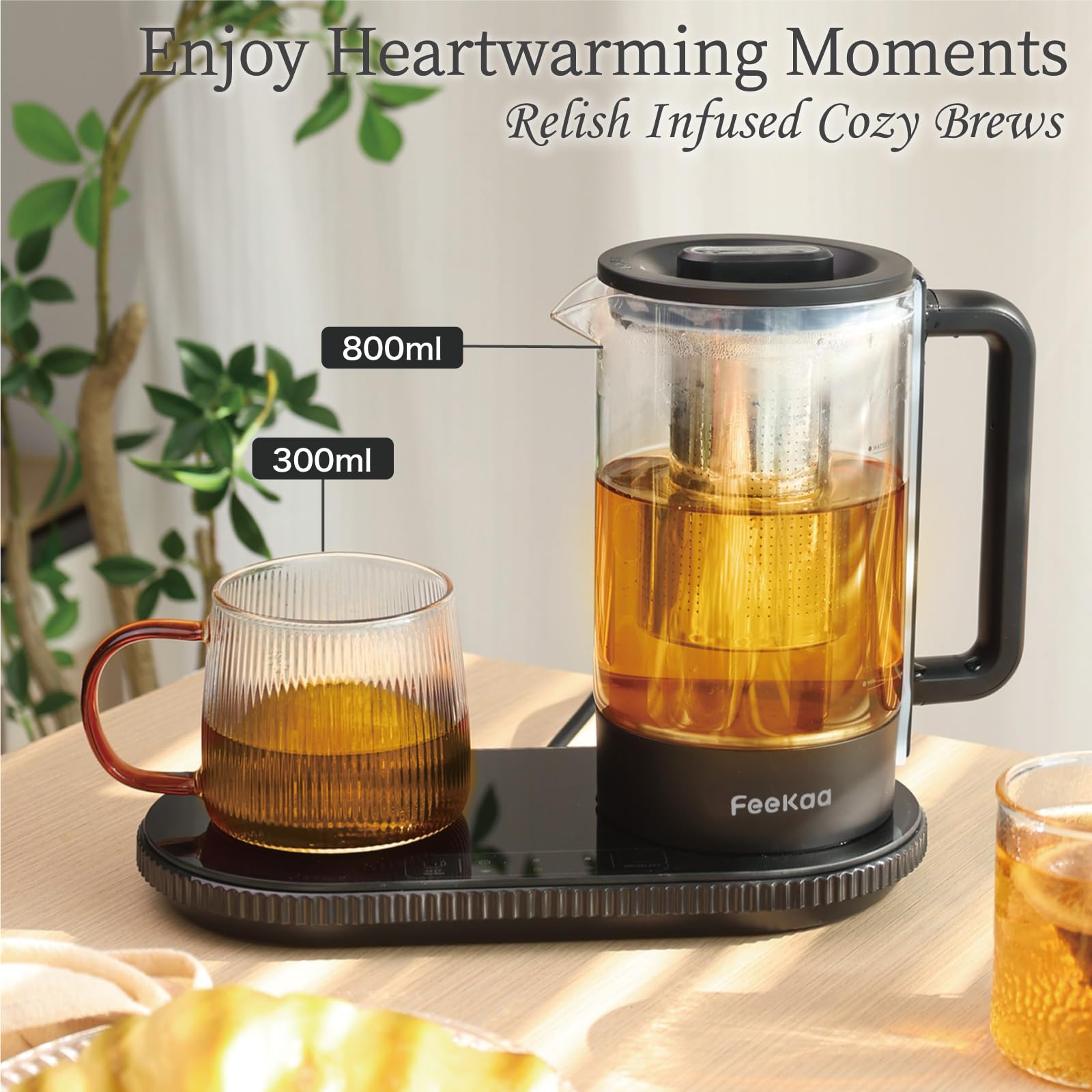 Feekaa Electric Tea Kettle with Cup Warmer, Small Glass Hot Water Boiler, Tea Kettle Set for Home and Office with Removable Stainless Steel Infuser, Auto Keep Warm, Green Tea/Coffee, BPA Free, Black