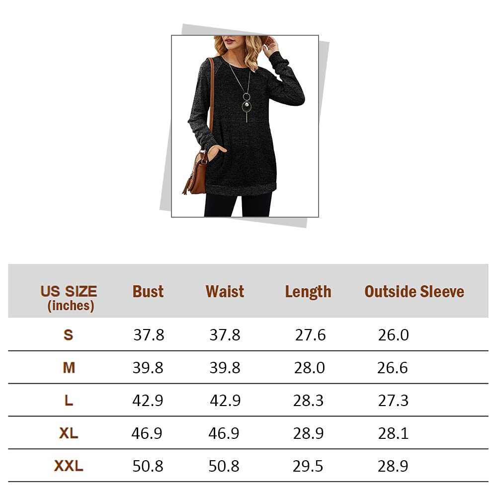 Crewneck Sweatshirt Women, Oversized Long Sleeve Tunic Tops with Pockets Black S