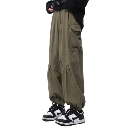 Jumpway Solid Cotton Cargo Pants for Women Relaxed Fit Straight Unisex Parachute Pants with Drawstring Hip Hop Y2K Streetwear Army Green
